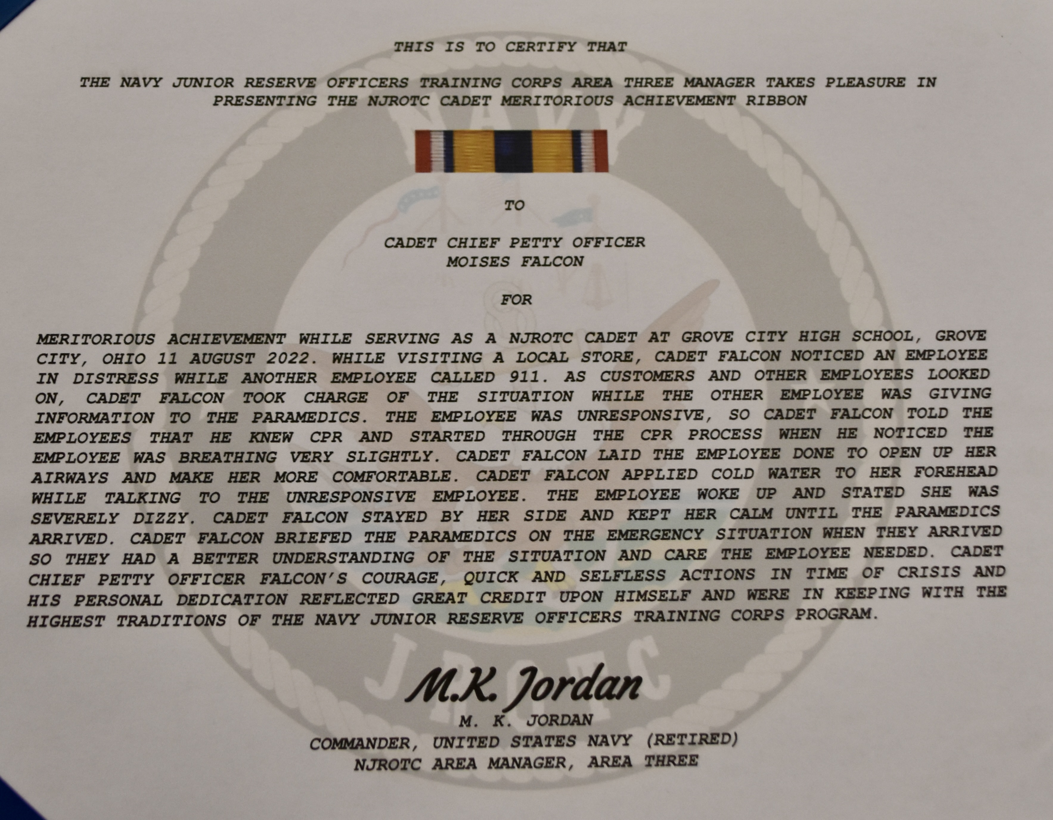 Grove City High School senior cadet receives NJROTC Meritorious ...